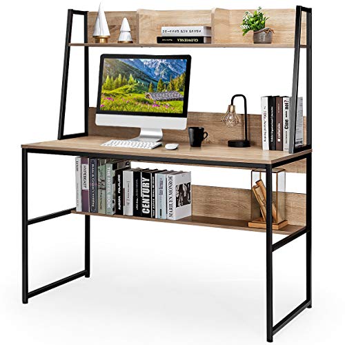 Tangkula Computer Desk with Hutch & Bookshelf, 47 Inches Space Saving Writing Study Table Home Office Desk, PC Laptop Table Workstation with w/ 3 Open Storage Space & Bottom Bookshelf (Natural)