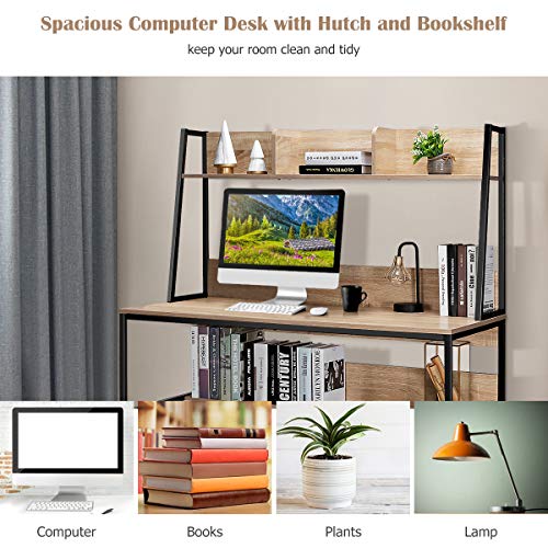 Tangkula Computer Desk with Hutch & Bookshelf, 47 Inches Space Saving Writing Study Table Home Office Desk, PC Laptop Table Workstation with w/ 3 Open Storage Space & Bottom Bookshelf (Natural)