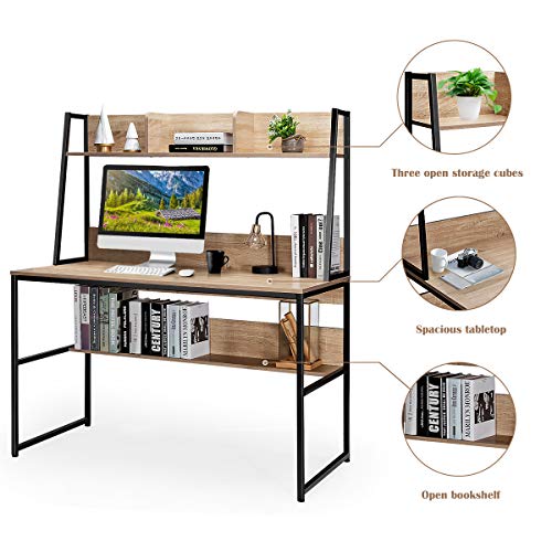 Tangkula Computer Desk with Hutch & Bookshelf, 47 Inches Space Saving Writing Study Table Home Office Desk, PC Laptop Table Workstation with w/ 3 Open Storage Space & Bottom Bookshelf (Natural)