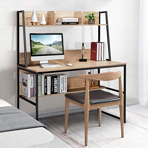 Tangkula Computer Desk with Hutch & Bookshelf, 47 Inches Space Saving Writing Study Table Home Office Desk, PC Laptop Table Workstation with w/ 3 Open Storage Space & Bottom Bookshelf (Natural)