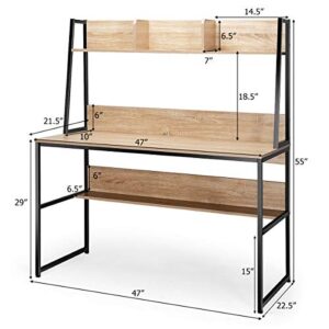 Tangkula Computer Desk with Hutch & Bookshelf, 47 Inches Space Saving Writing Study Table Home Office Desk, PC Laptop Table Workstation with w/ 3 Open Storage Space & Bottom Bookshelf (Natural)