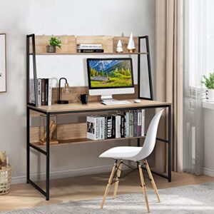 Tangkula Computer Desk with Hutch & Bookshelf, 47 Inches Space Saving Writing Study Table Home Office Desk, PC Laptop Table Workstation with w/ 3 Open Storage Space & Bottom Bookshelf (Natural)