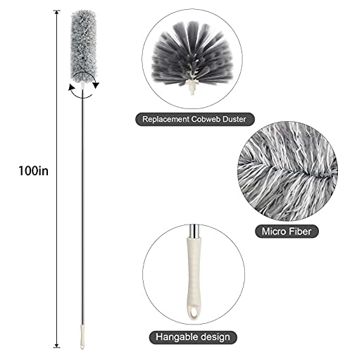 Abealv Telescoping Microfiber Duster Extendable Cobweb Duster, High Ceiling Stainless Steel Long Dusters，Scratch-Resistant Bendable Duster, 100 inches Extension Pole Cleaning Tools (Dark Gray)