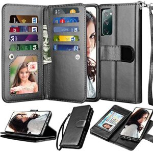 njjex galaxy s20 fe 5g case, for samsung s20 fan edition/ s20 fe 5g wallet case, [9 card slots] pu leather id credit holder folio flip [detachable] kickstand magnetic phone cover & lanyard [black]