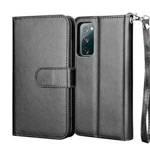 NJJEX Galaxy S20 FE 5G Case, for Samsung S20 Fan Edition/ S20 FE 5G Wallet Case, [9 Card Slots] PU Leather ID Credit Holder Folio Flip [Detachable] Kickstand Magnetic Phone Cover & Lanyard [Black]