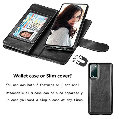 NJJEX Galaxy S20 FE 5G Case, for Samsung S20 Fan Edition/ S20 FE 5G Wallet Case, [9 Card Slots] PU Leather ID Credit Holder Folio Flip [Detachable] Kickstand Magnetic Phone Cover & Lanyard [Black]