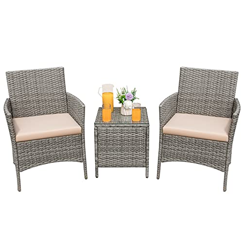 Greesum 3 Pieces Patio Furniture PE Rattan Wicker Chair Conversation Set, Gray and Beige