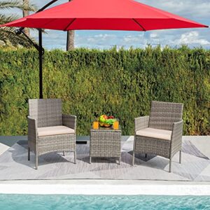 Greesum 3 Pieces Patio Furniture PE Rattan Wicker Chair Conversation Set, Gray and Beige