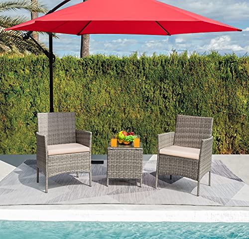 Greesum 3 Pieces Patio Furniture PE Rattan Wicker Chair Conversation Set, Gray and Beige