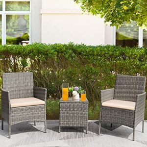 Greesum 3 Pieces Patio Furniture PE Rattan Wicker Chair Conversation Set, Gray and Beige