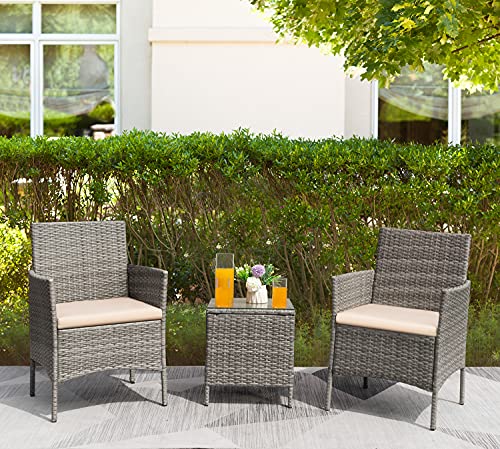 Greesum 3 Pieces Patio Furniture PE Rattan Wicker Chair Conversation Set, Gray and Beige