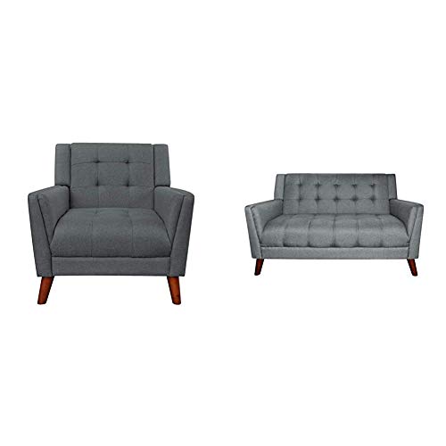 Christopher Knight Home Evelyn Mid Century Modern Fabric Arm Chair, Dark Gray, Walnut & Evelyn Fabric Loveseat, Dark Gray