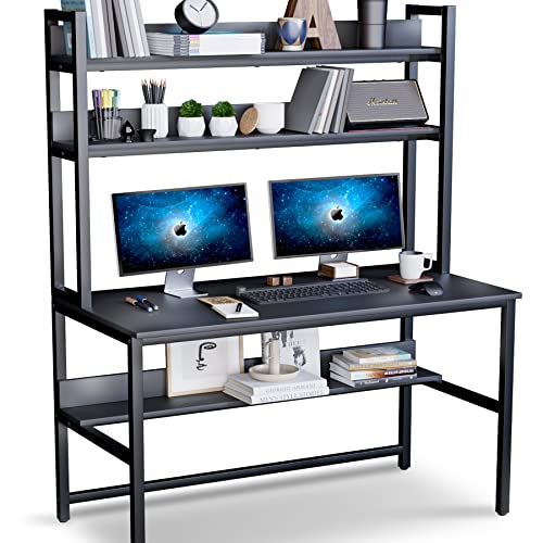 Aquzee Computer Desk with Hutch and Bookshelf, 47 Inches Black Home Office Desk with Space Saving Design, Metal Legs Table Desk with Upper Storage Shelves for Study Writing/Workstation, Easy Assemble