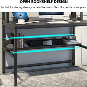 Aquzee Computer Desk with Hutch and Bookshelf, 47 Inches Black Home Office Desk with Space Saving Design, Metal Legs Table Desk with Upper Storage Shelves for Study Writing/Workstation, Easy Assemble