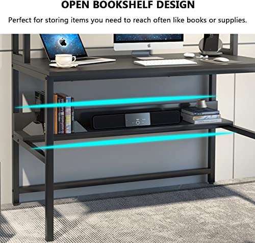 Aquzee Computer Desk with Hutch and Bookshelf, 47 Inches Black Home Office Desk with Space Saving Design, Metal Legs Table Desk with Upper Storage Shelves for Study Writing/Workstation, Easy Assemble