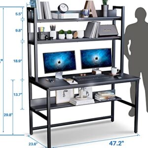 Aquzee Computer Desk with Hutch and Bookshelf, 47 Inches Black Home Office Desk with Space Saving Design, Metal Legs Table Desk with Upper Storage Shelves for Study Writing/Workstation, Easy Assemble