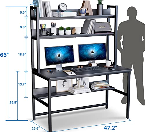 Aquzee Computer Desk with Hutch and Bookshelf, 47 Inches Black Home Office Desk with Space Saving Design, Metal Legs Table Desk with Upper Storage Shelves for Study Writing/Workstation, Easy Assemble