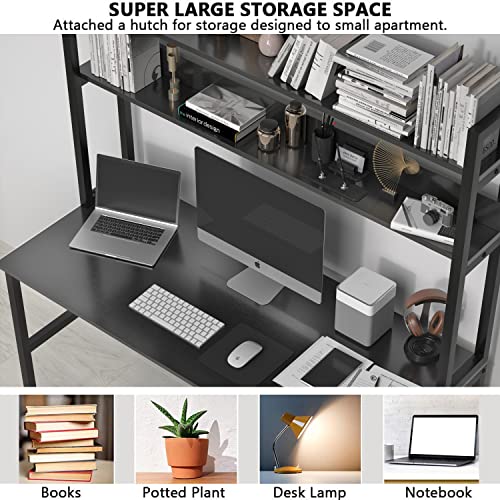 Aquzee Computer Desk with Hutch and Bookshelf, 47 Inches Black Home Office Desk with Space Saving Design, Metal Legs Table Desk with Upper Storage Shelves for Study Writing/Workstation, Easy Assemble