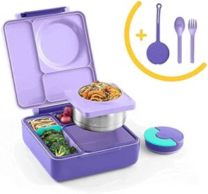 omiebox deluxe bundle set - insulated bento lunch box with thermos plus reusable fork and spoon with case - (purple)