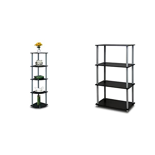 Furinno Turn-N-Tube 5 Tier Corner Shelf, Black/Grey & (99557BK/GY) Turn-N-Tube 4-Tier Multipurpose Shelf Display Rack - Black/Grey