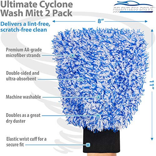 Relentless Drive Cyclone Car Wash Mitt & Works as Car Wash Sponge, Microfiber Wash Mitt Scratch Free, Ultra Absorbent Microfiber Mitt for Cars, Trucks, SUV, Boat & Motorcycle (2 Pack, Large Glove)