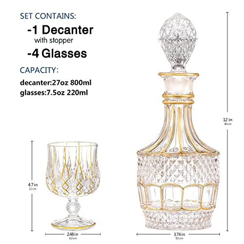 SALADAYS Whiskey Decanter and Glasses Set, Gold Crystal Decanter Set with 4 Whiskey Glasses, Gift Box, Perfect for Bourbon, Scotch and Wine - Gifts for Men