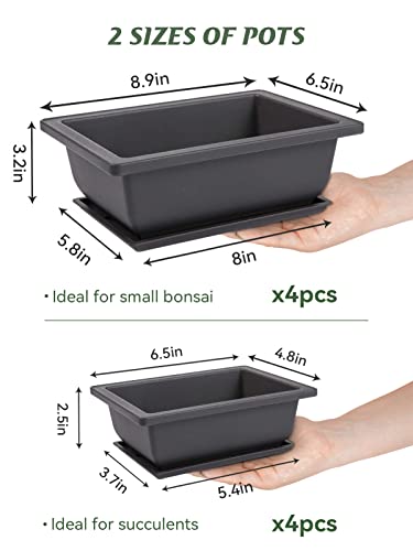 8 Packs Bonsai Training Pot with Humidity Tray - 6.5inch & 8.9inch Small Bonsai Tree Pots Kit, Plastic Plants Growing Planter with Drainage Tray, Indoor Decor Garden Yard