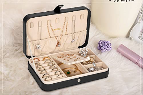 LANDICI Small Jewelry Box for Women Girls, PU Leather Travel Jewelry Organizer Case, Portable Mini Jewellery Storage Holder Display for Ring Earrings Necklace Bracelet Bangle, Black