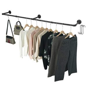 crehomfy industrial pipe clothes rack with 3 hooks, 72’'l wall mounted garment rack, heavy duty iron garment bar, clothes hanging rod bar for laundry room, max load 135lb black (3 base)