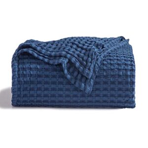 bedsure cooling bamboo waffle weave blanket - soft, lightweight and breathable throw blankets for hot sleepers, luxury cotton throws for bed, couch and sofa, navy 50x70inches