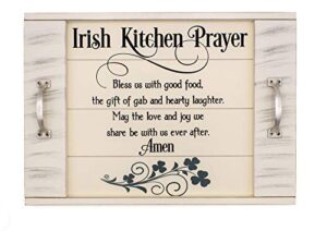 irish blessing kitchen prayer serving tray with slatted wood look 18"x12" with silver finish metal handles irish shamrock motif and prayer. rustic farmhouse modern irish decorative large platter