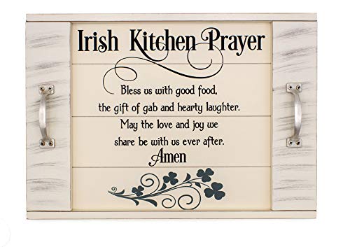 Irish Blessing Kitchen Prayer Serving Tray with slatted Wood Look 18"x12" with Silver Finish Metal Handles Irish Shamrock Motif and Prayer. Rustic Farmhouse Modern Irish Decorative Large Platter