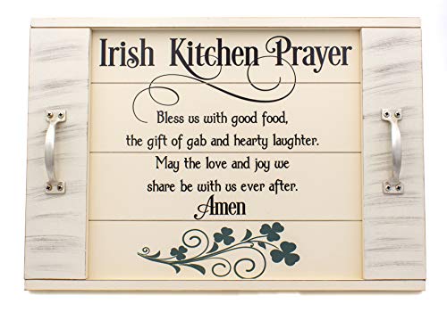 Irish Blessing Kitchen Prayer Serving Tray with slatted Wood Look 18"x12" with Silver Finish Metal Handles Irish Shamrock Motif and Prayer. Rustic Farmhouse Modern Irish Decorative Large Platter