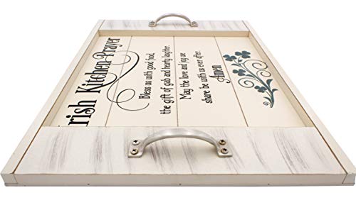 Irish Blessing Kitchen Prayer Serving Tray with slatted Wood Look 18"x12" with Silver Finish Metal Handles Irish Shamrock Motif and Prayer. Rustic Farmhouse Modern Irish Decorative Large Platter