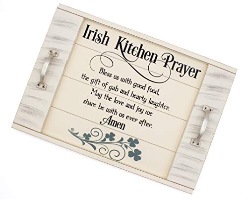 Irish Blessing Kitchen Prayer Serving Tray with slatted Wood Look 18"x12" with Silver Finish Metal Handles Irish Shamrock Motif and Prayer. Rustic Farmhouse Modern Irish Decorative Large Platter