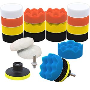 scrubit car foam drill polishing pad kit 22 pack, includes 16 detailing sponges (3 in.), 2 wool buffer pads, 2 drill adapters and suction cups for your vehicle - waxing and polisher set