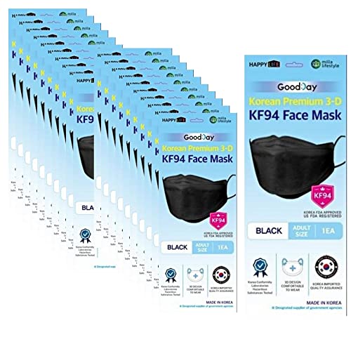 (20PCS) Black Disposable KF94- Face Masks 4-Layer Filters Breathable Comfortable Nose, Good Day, Dust Mask, Black KF94 Masks Made in Korea.