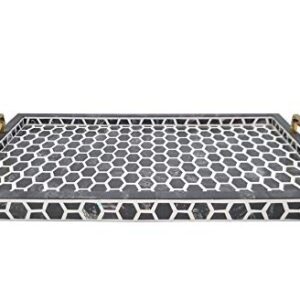 Moroccan Pattern Quatrefoil Bone Inlay Rectangular Serving Tray Brushed Brass Handles Dinner Coffee Decorative Gray