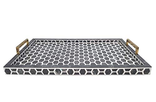 Moroccan Pattern Quatrefoil Bone Inlay Rectangular Serving Tray Brushed Brass Handles Dinner Coffee Decorative Gray