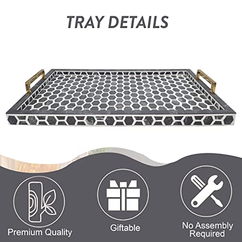 Moroccan Pattern Quatrefoil Bone Inlay Rectangular Serving Tray Brushed Brass Handles Dinner Coffee Decorative Gray