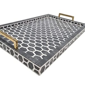 Moroccan Pattern Quatrefoil Bone Inlay Rectangular Serving Tray Brushed Brass Handles Dinner Coffee Decorative Gray