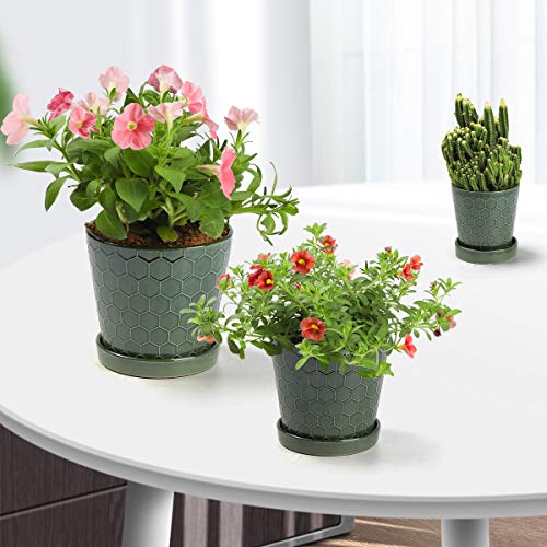 BUYMAX Succulent Planter –4”+5”+6” inch Ceramic Flower Pot with Drainage Holes and Ceramic Tray - Gardening Home Desktop Office Windowsill Decoration Gift Set 3 - Plants NOT Included (Patina)