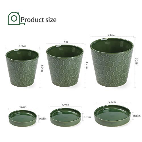 BUYMAX Succulent Planter –4”+5”+6” inch Ceramic Flower Pot with Drainage Holes and Ceramic Tray - Gardening Home Desktop Office Windowsill Decoration Gift Set 3 - Plants NOT Included (Patina)