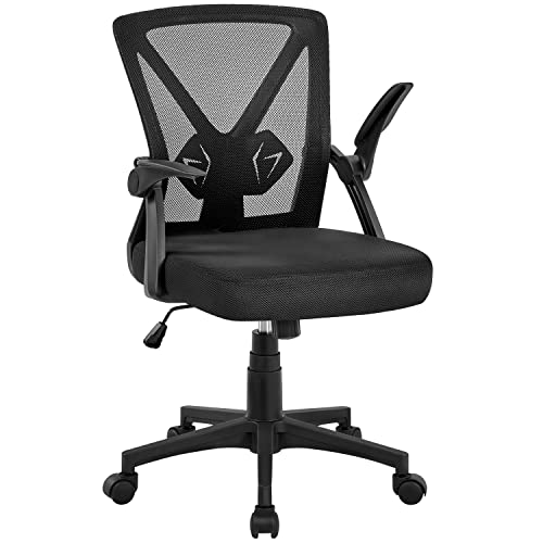 Topeakmart Office Chair Desk Chair Mesh Computer Desk Chair with Wheels Ergonomic Office Chair Height Adjustable Swivel Task Chair with Mid Back, Flip-up Arms and Lumbar Support, Black