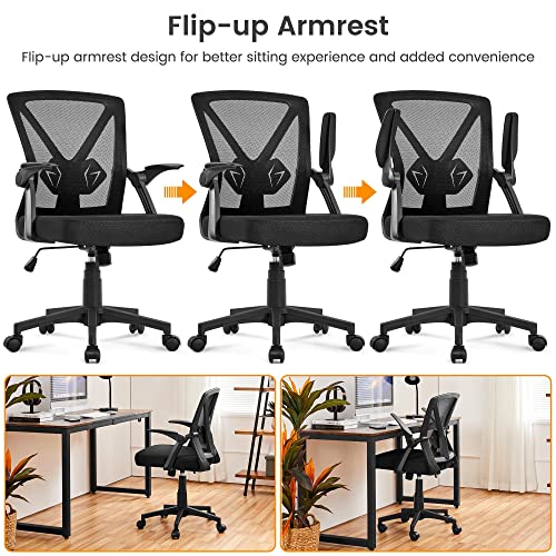 Topeakmart Office Chair Desk Chair Mesh Computer Desk Chair with Wheels Ergonomic Office Chair Height Adjustable Swivel Task Chair with Mid Back, Flip-up Arms and Lumbar Support, Black