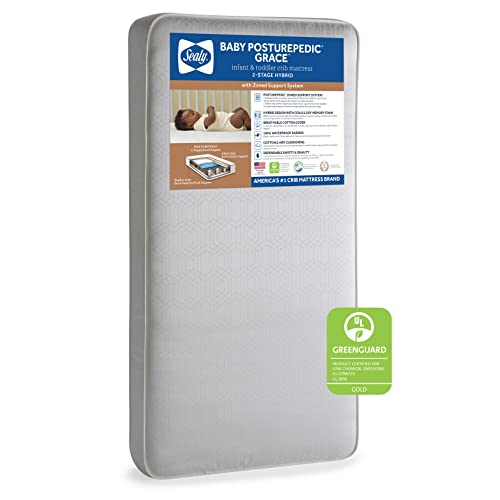 Sealy Baby Posturepedic Grace Baby Crib Mattress-Premium 2-Stage Toddler Bed Mattress- Waterproof Crib Mattress- Hybrid Coil and Foam Breathable Baby Mattress for Crib- Cotton- Certified for Safety