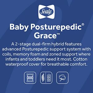 Sealy Baby Posturepedic Grace Baby Crib Mattress-Premium 2-Stage Toddler Bed Mattress- Waterproof Crib Mattress- Hybrid Coil and Foam Breathable Baby Mattress for Crib- Cotton- Certified for Safety