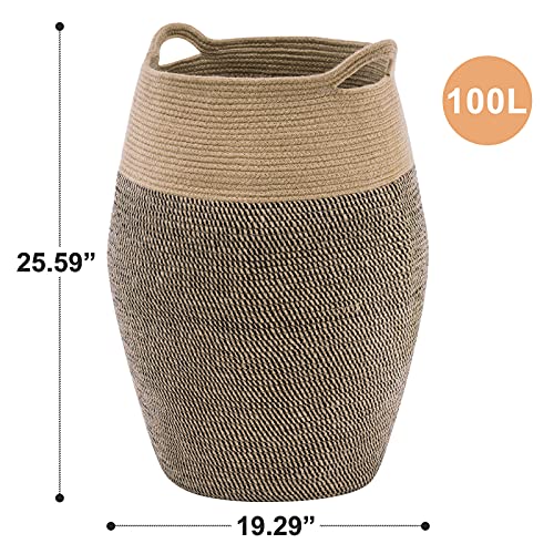 YOUDENOVA Large Woven Rope Laundry Basket, 105L Tall Dirty Clothes Hamper with Handles Storage Blankets, Toy for Bedroom, Living Room - Jute Brown