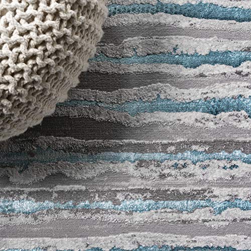 JONATHAN Y SOR204A-210 Batten Modern Stripe Indoor Area-Rug Contemporary Transitional Solid Striped Easy-Cleaning Bedroom Kitchen Living Room Non Shedding, 2 ft x 10 ft, Gray/Turquoise