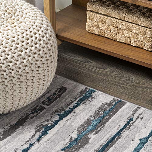 JONATHAN Y SOR204A-210 Batten Modern Stripe Indoor Area-Rug Contemporary Transitional Solid Striped Easy-Cleaning Bedroom Kitchen Living Room Non Shedding, 2 ft x 10 ft, Gray/Turquoise